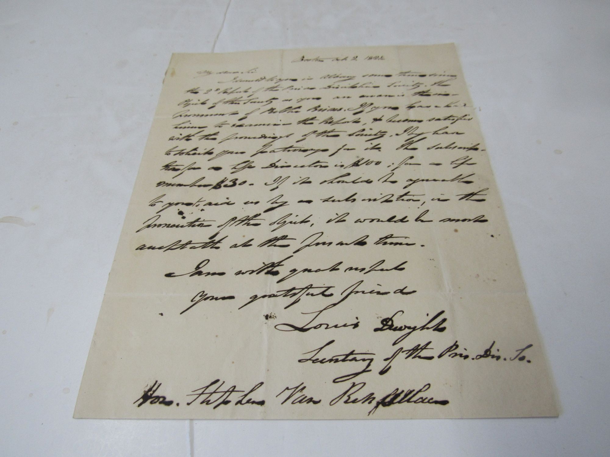 One page letter from Louis Dwight dated Boston, Oct. 2, 1827, to Hon ...